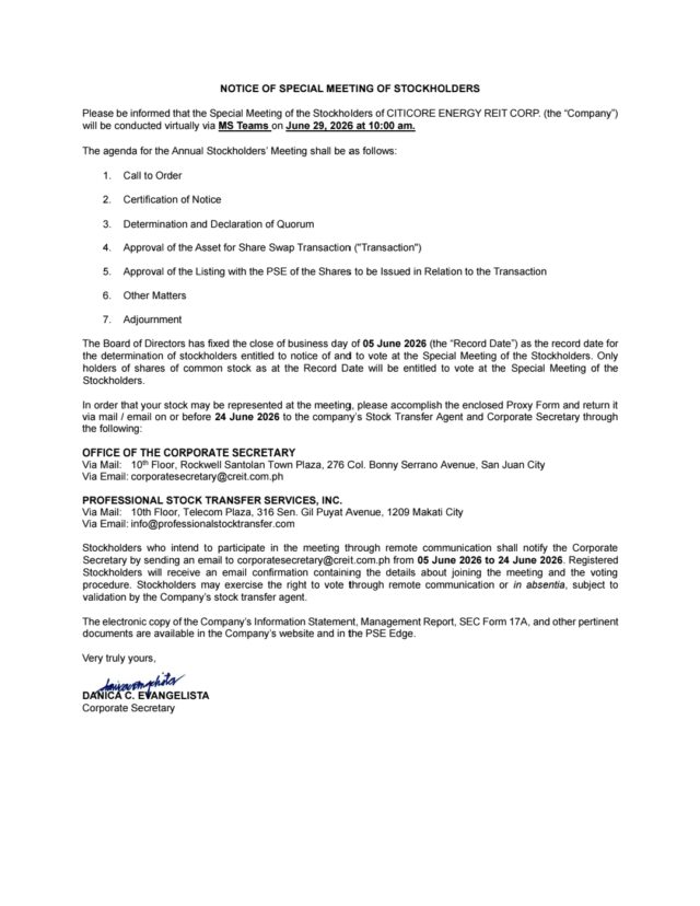 Citicore Energy Reit Corp. issues Notice of Special Meeting of ...
