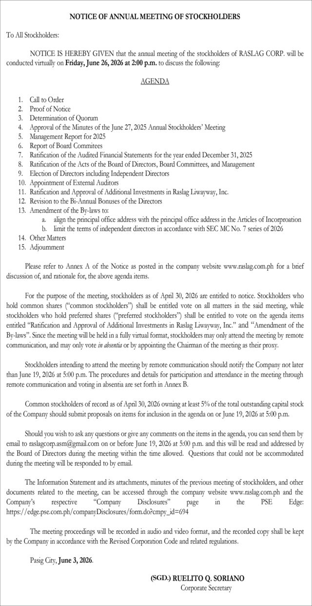 Raslag Corp. issues Notice of Annual Meeting of Stockholders ...